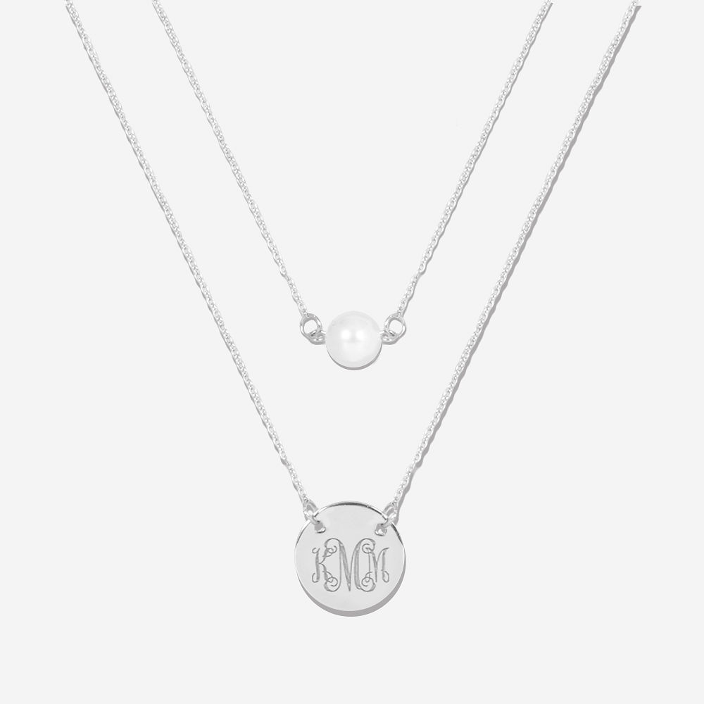Engraved Layered Pearl Necklace - Gold or Silver