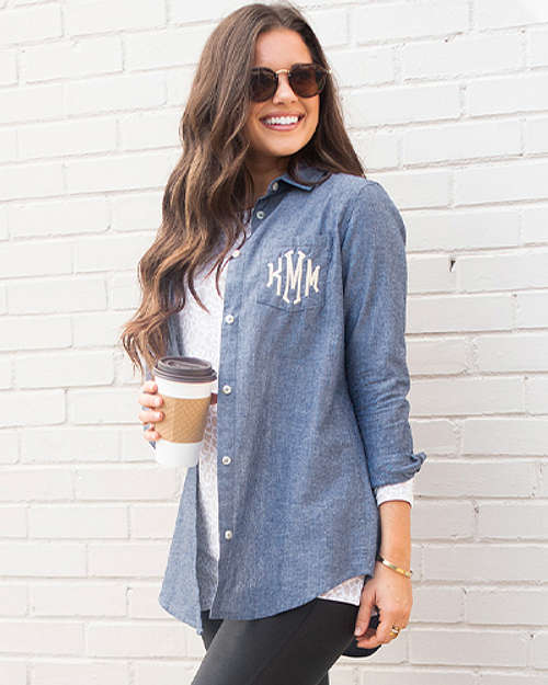 Monogrammed Button-Down Tunic Shirt