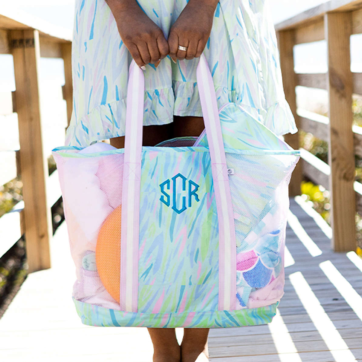 Monogrammed Mesh Beach Bag with Wristlet