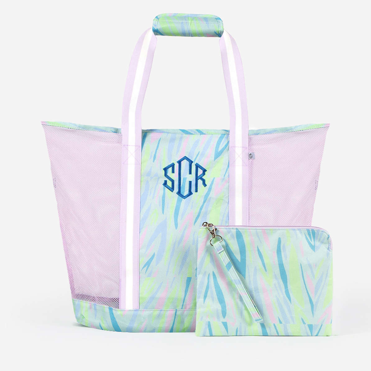 Monogrammed Mesh Beach Bag with Wristlet