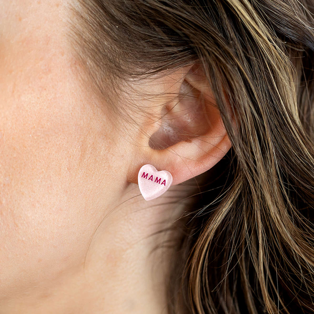 Pink Glitter Mama Heart Stud Earrings