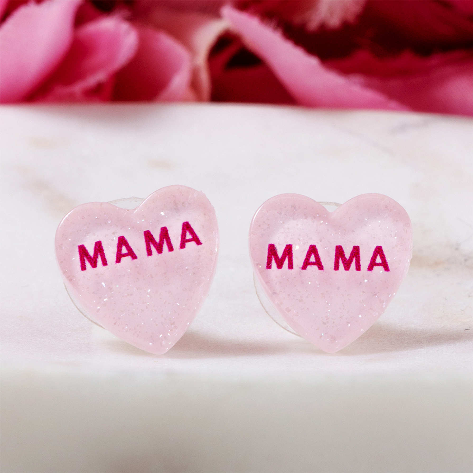 Pink Glitter Mama Heart Stud Earrings