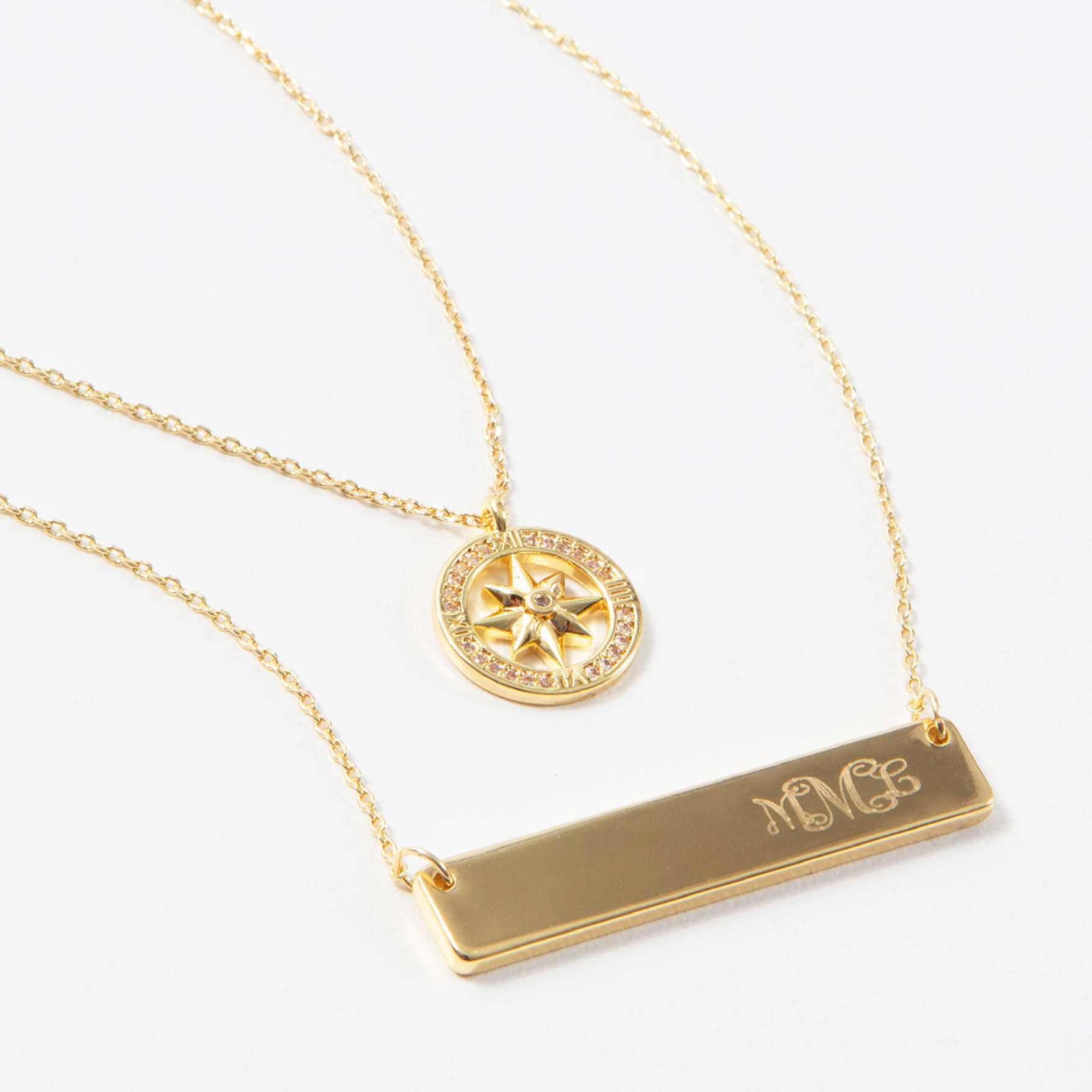 Personalized Double Chain Compass Necklace
