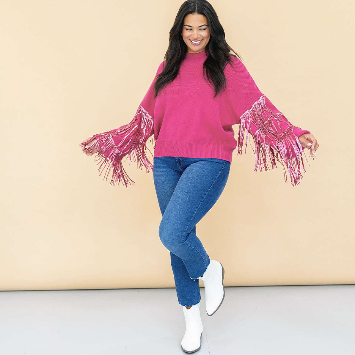 Sequin Fringe High Neck Sweater | Marleylilly