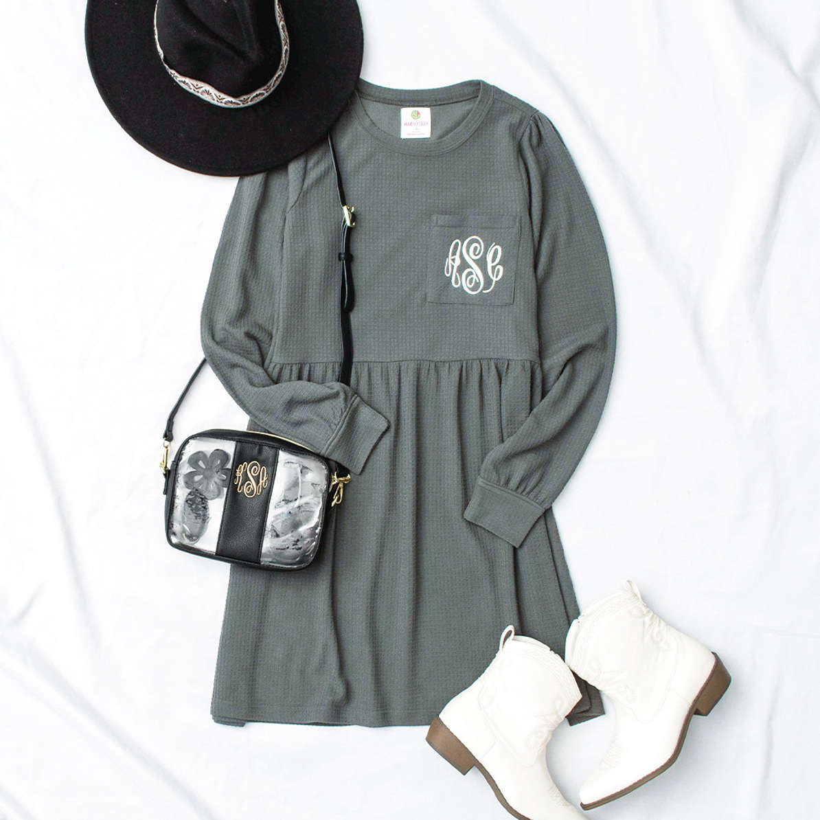 Personalized Waffle Puff Sleeve Dress | Marleylilly