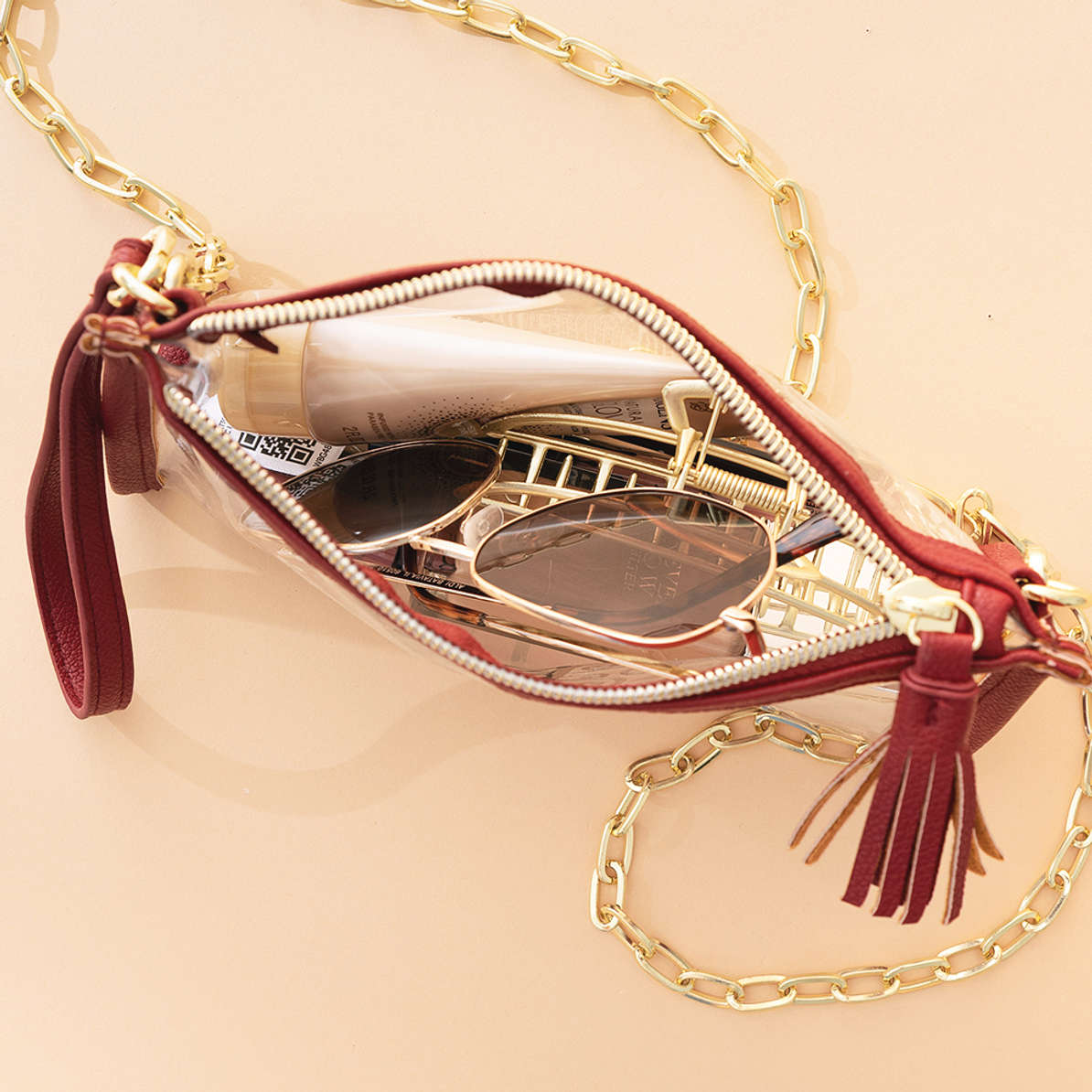 Personalized Clear Stadium Bag with Chain Crossbody Strap | Marleylilly
