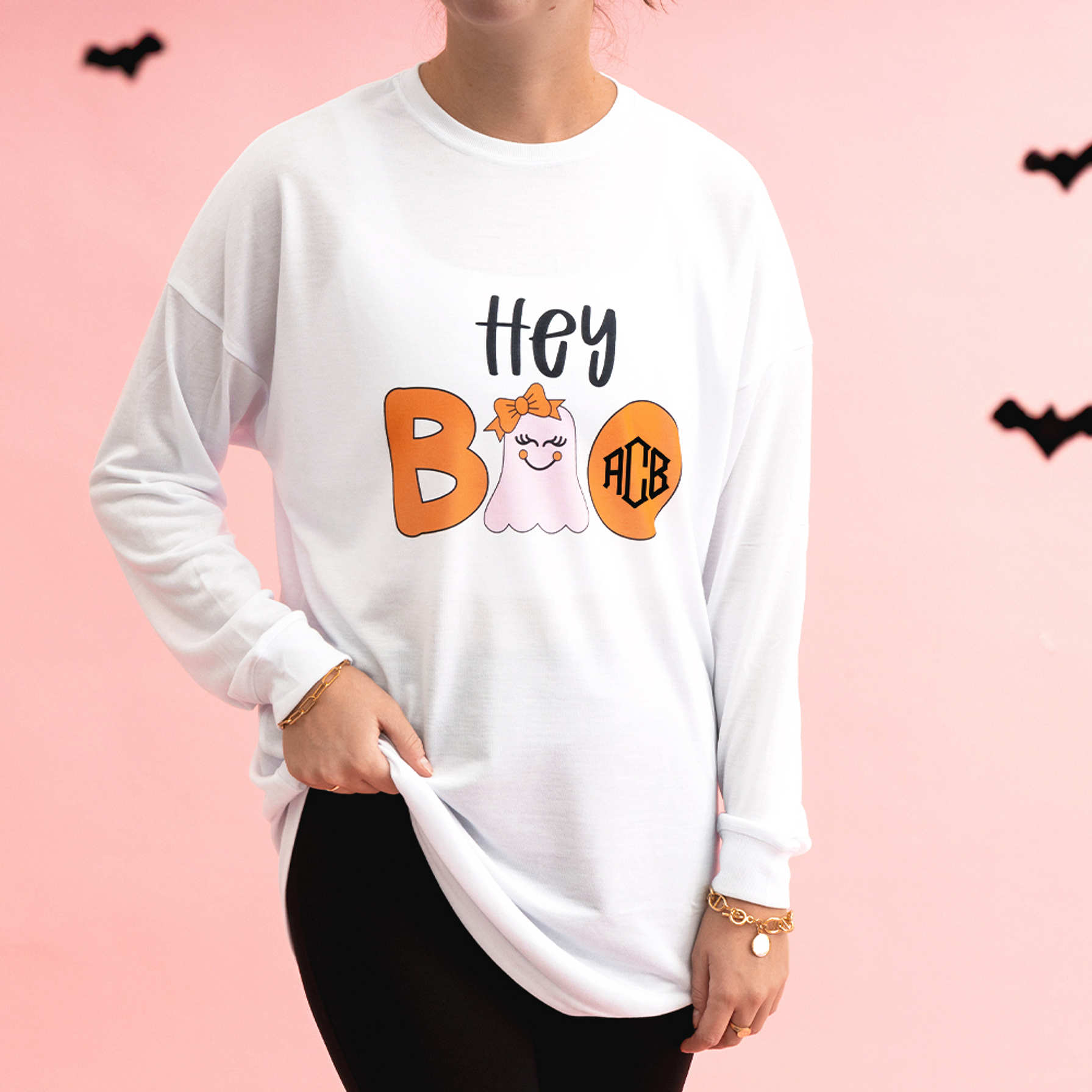 Personalized Women's Long Sleeve Shirt - "Hey Boo" Halloween Design ...