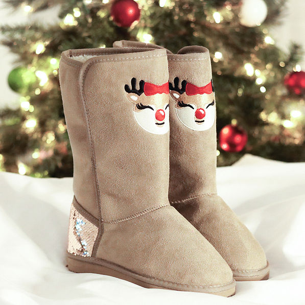 Reindeer Sherpa Tie Booties | Holiday Tie Boots