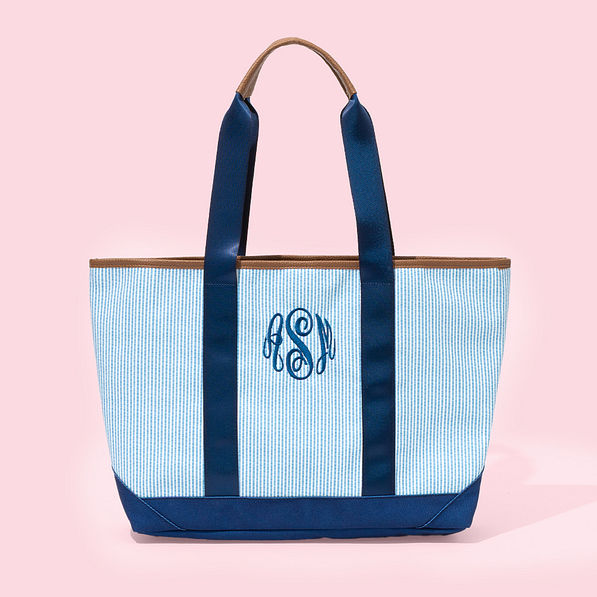 Personalized Blue Seersucker Tote Bag | Marleylilly