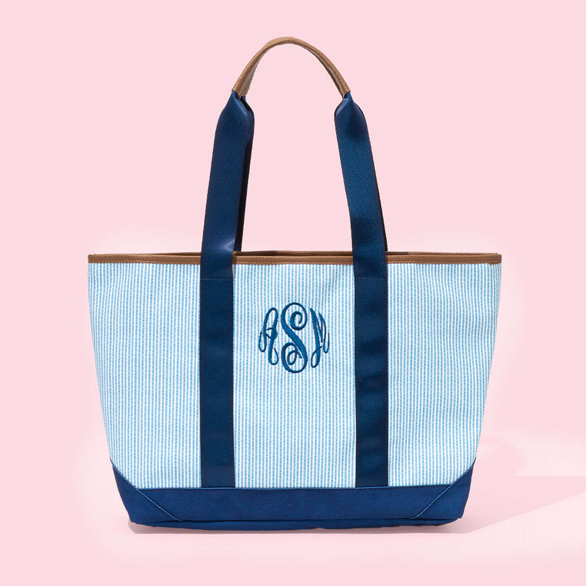 Personalized Blue Seersucker Tote Bag | Marleylilly