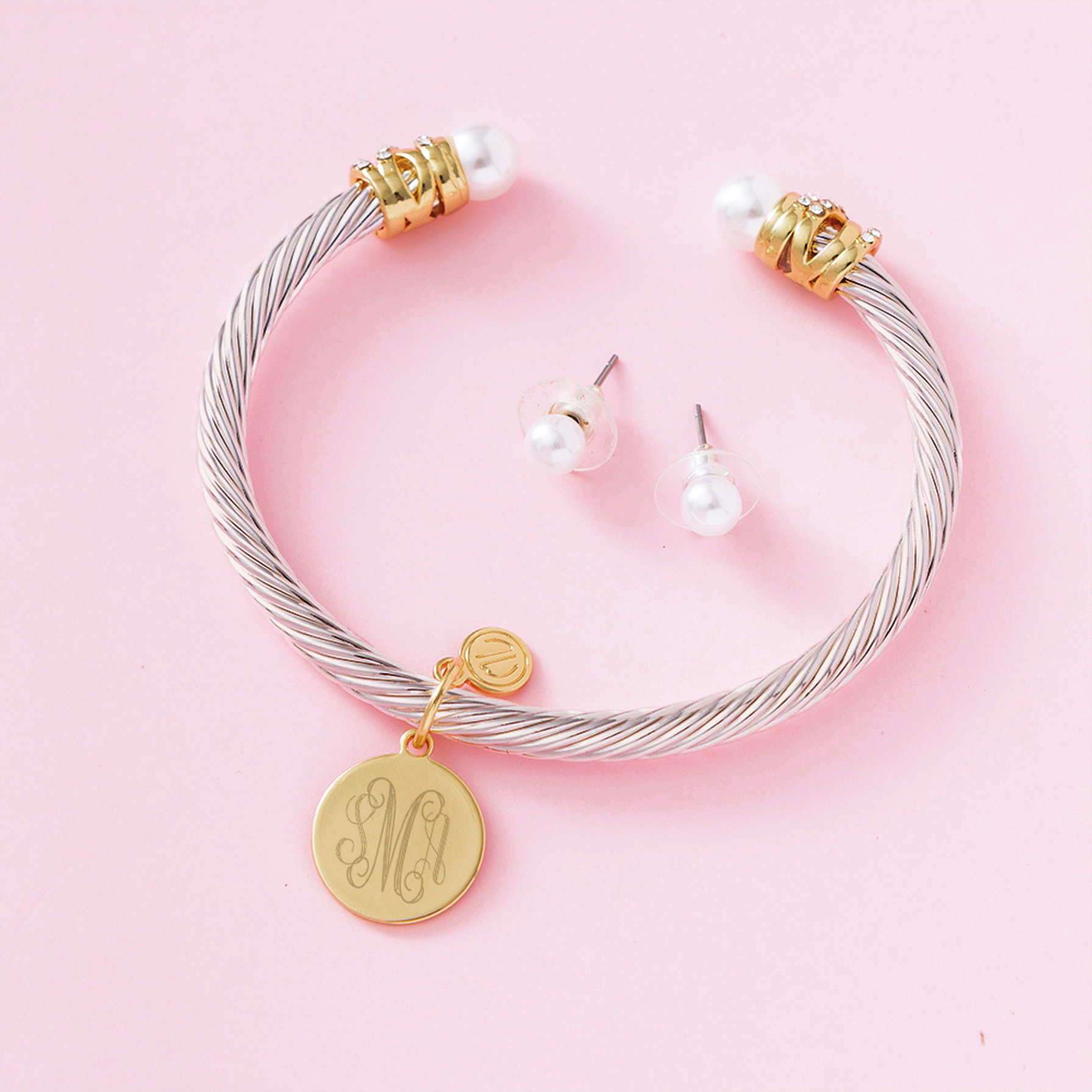 Personalized Pearl Cable Bracelet & Earring Set | Marleylilly