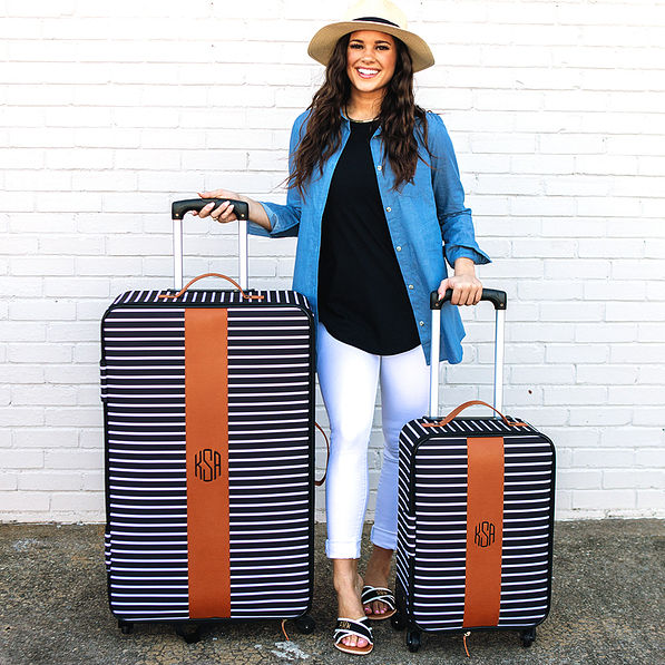 Personalized Black & White Stripe Suitcase - Marleylilly