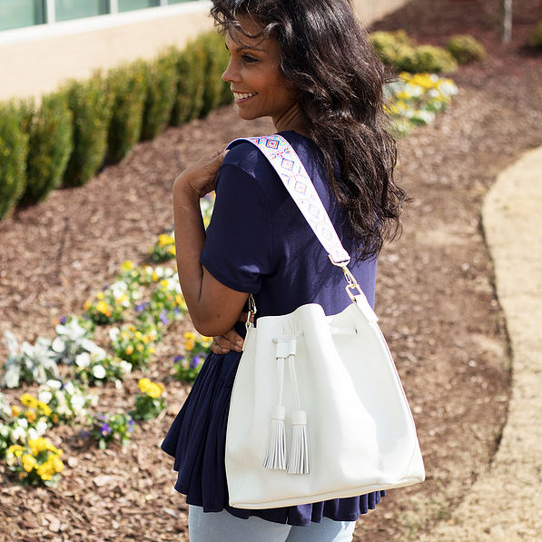 Monogrammed Bucket Bag with Embroidered Strap