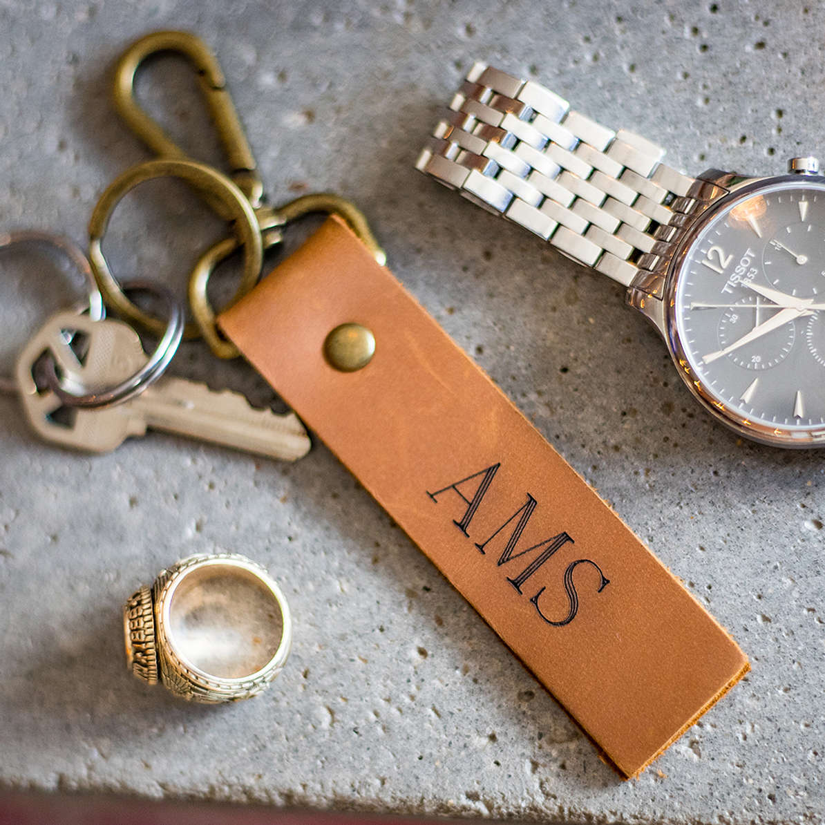 Monogrammed Antiqued Leather Key Fob