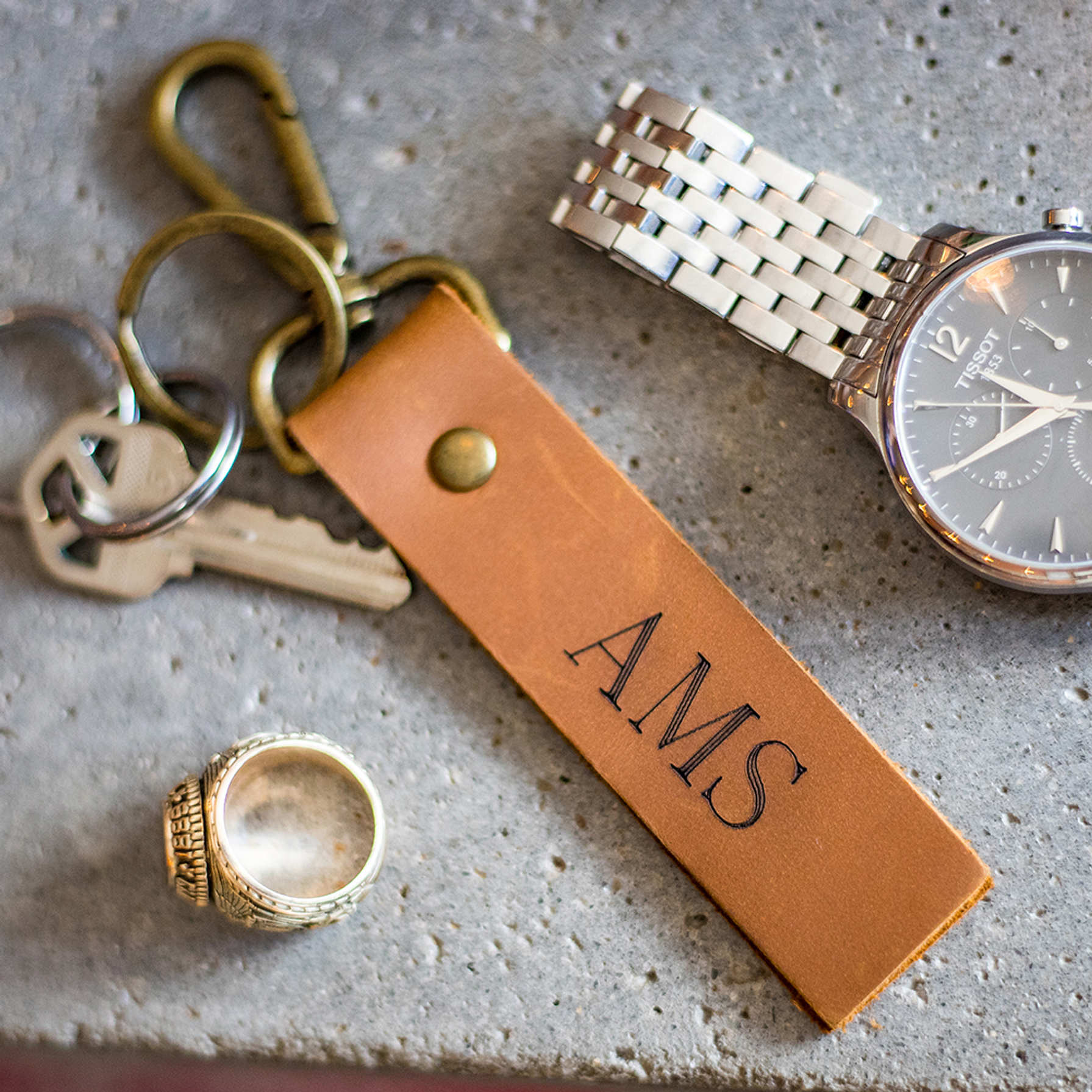 Monogrammed Antiqued Leather Key Fob