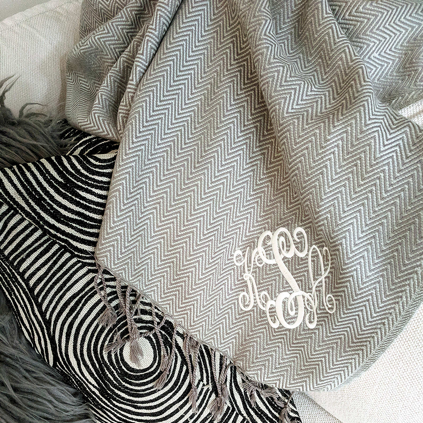 Gray Herringbone Monogrammed Throw - Marleylilly