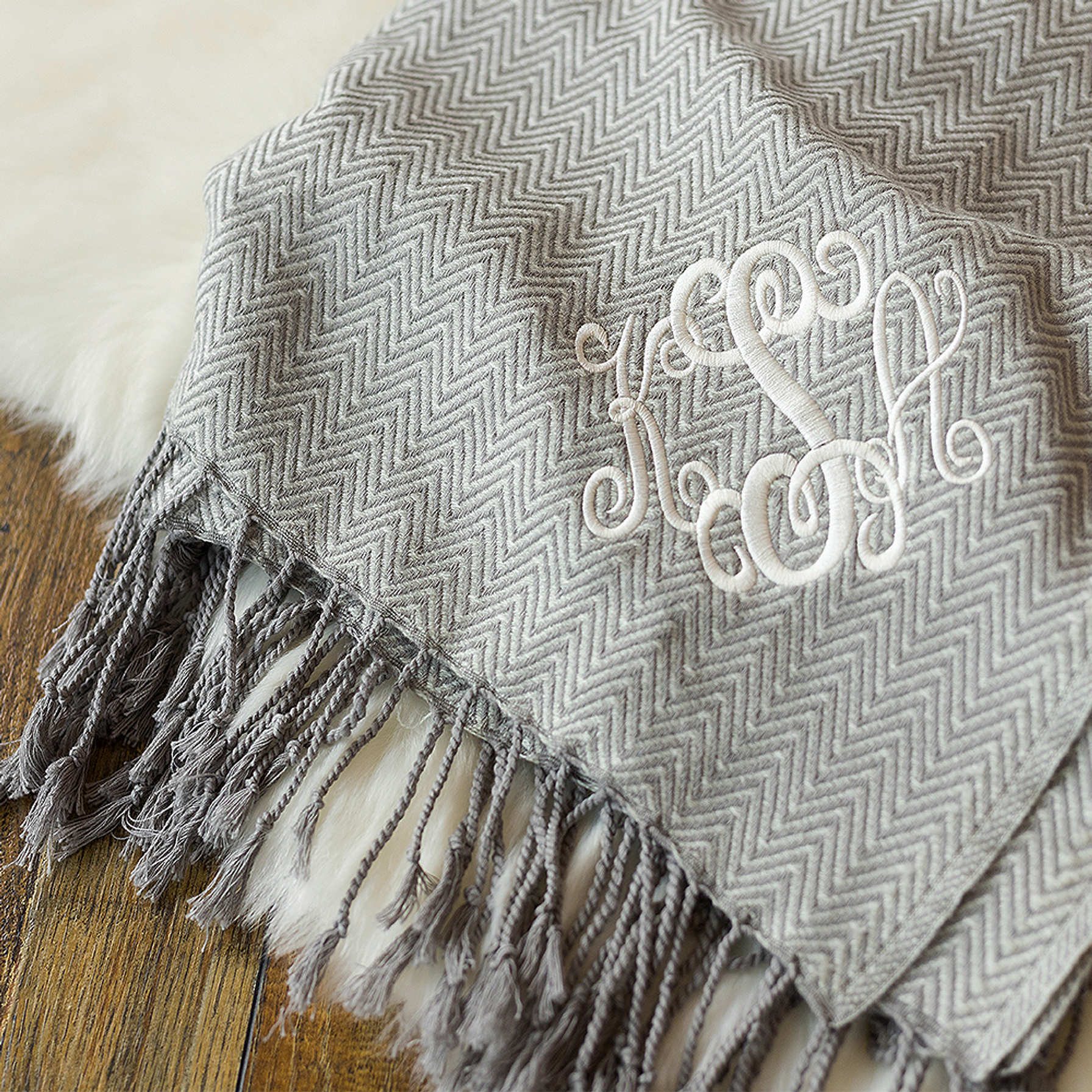 Gray Herringbone Monogrammed Throw - Marleylilly