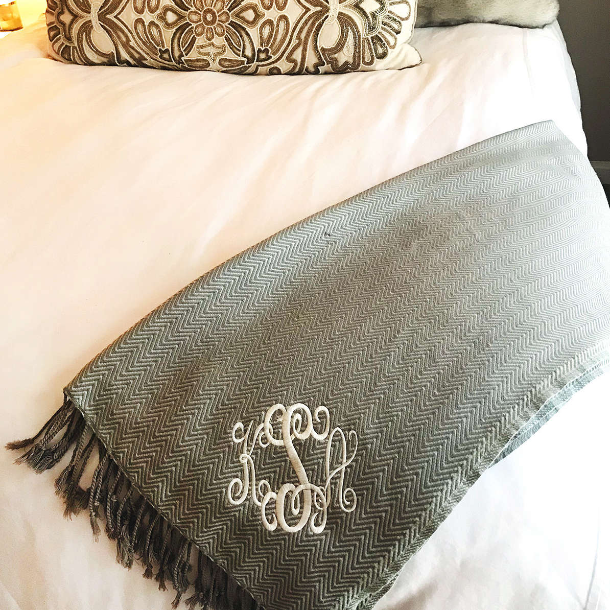 Gray Herringbone Monogrammed Throw - Marleylilly
