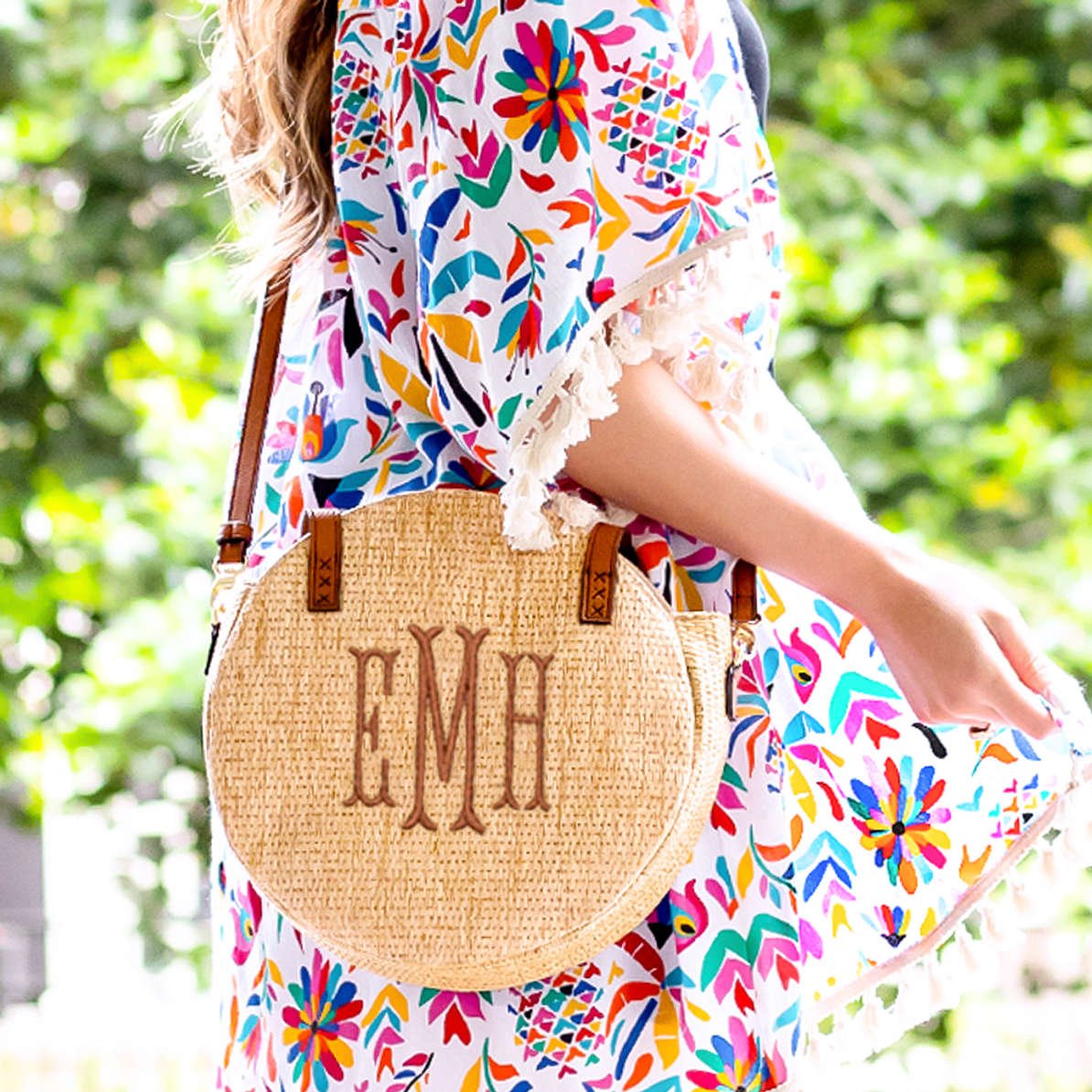 Monogrammed Round Straw Crossbody Bag - Personalized Bags