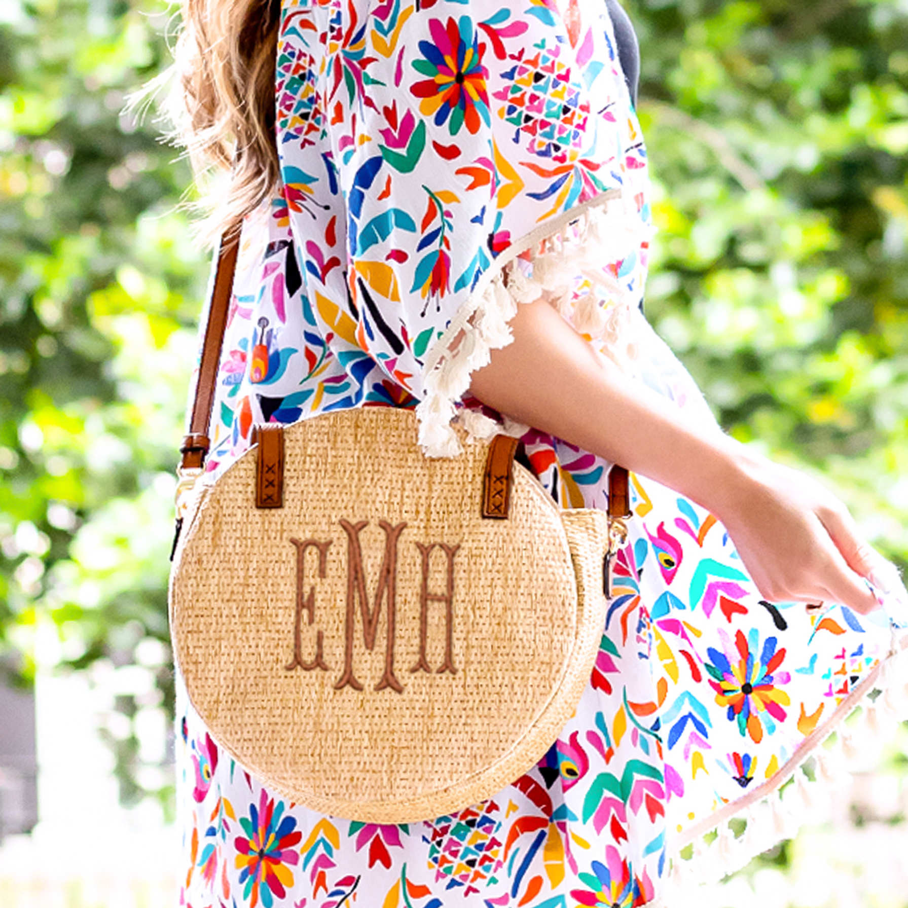 Monogrammed Round Straw Crossbody Bag - Personalized Bags