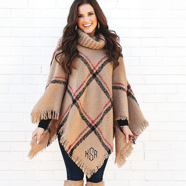 Monogrammed Plaid Poncho - Plaid Sweater Poncho