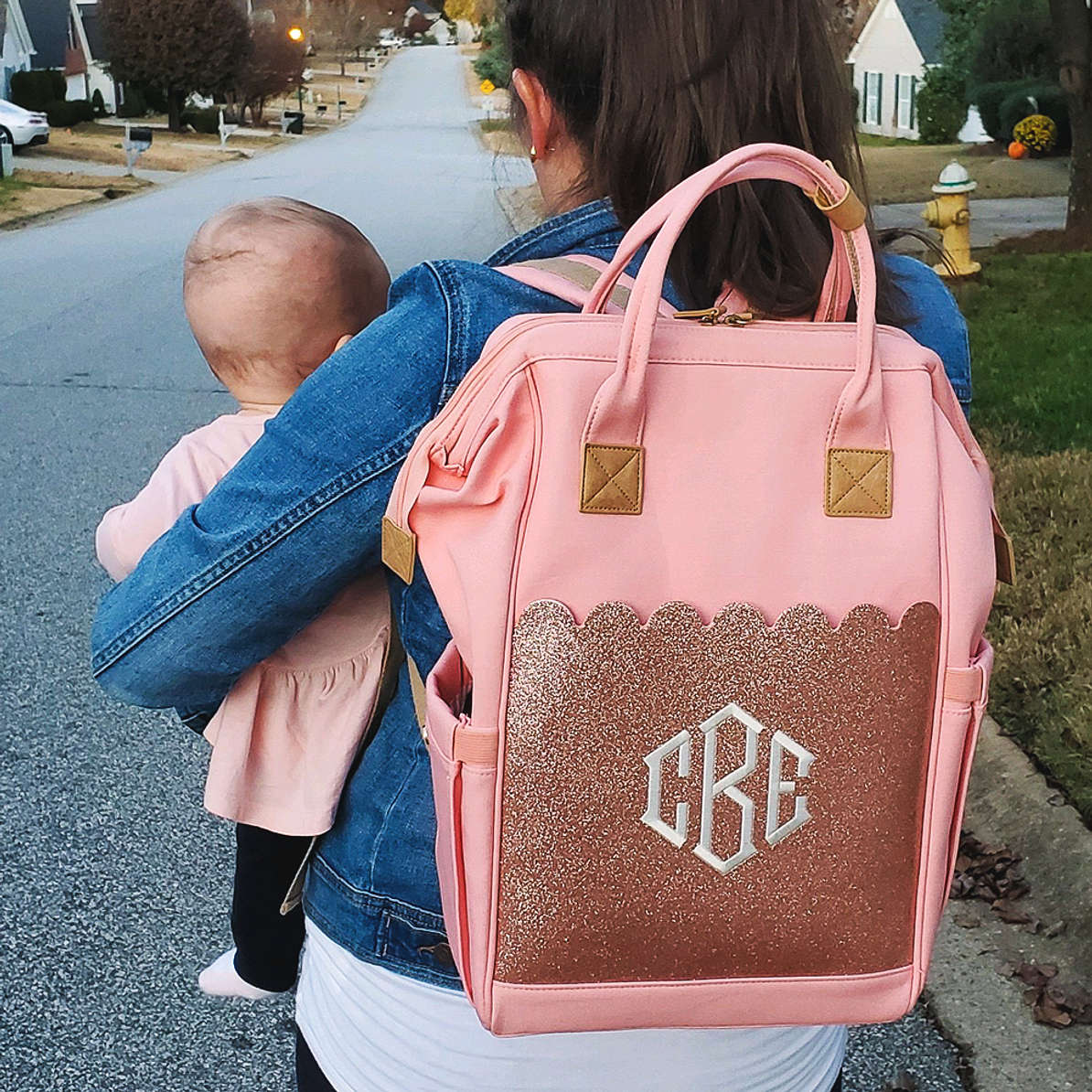 Glittery Pink Monogrammed Diaper Backpack - Marleylilly