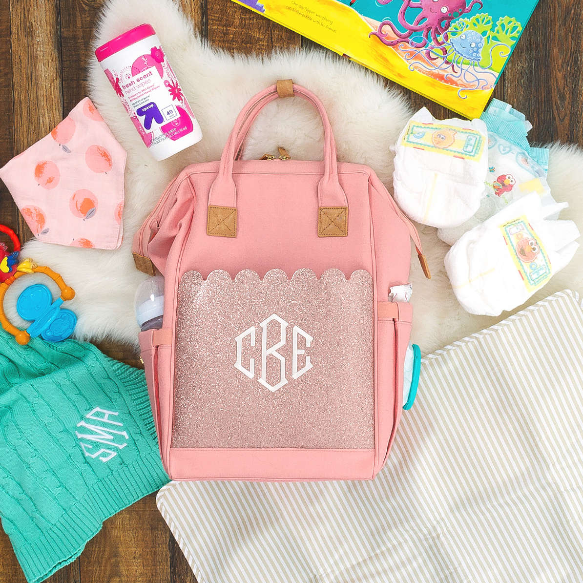 Glittery Pink Monogrammed Diaper Backpack - Marleylilly
