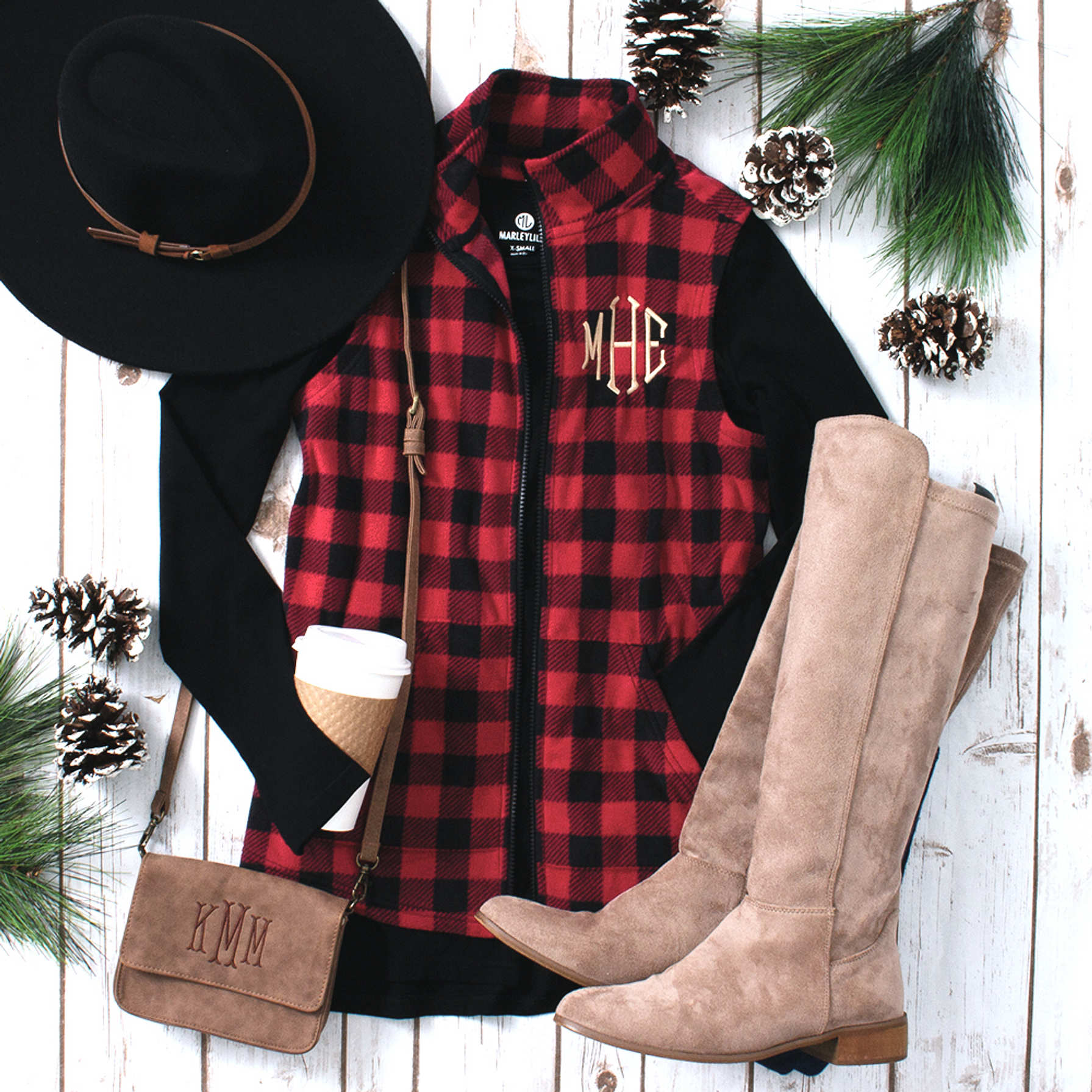 Monogrammed Buffalo Plaid Fleece Vest - Zip-Up Women’s Vest
