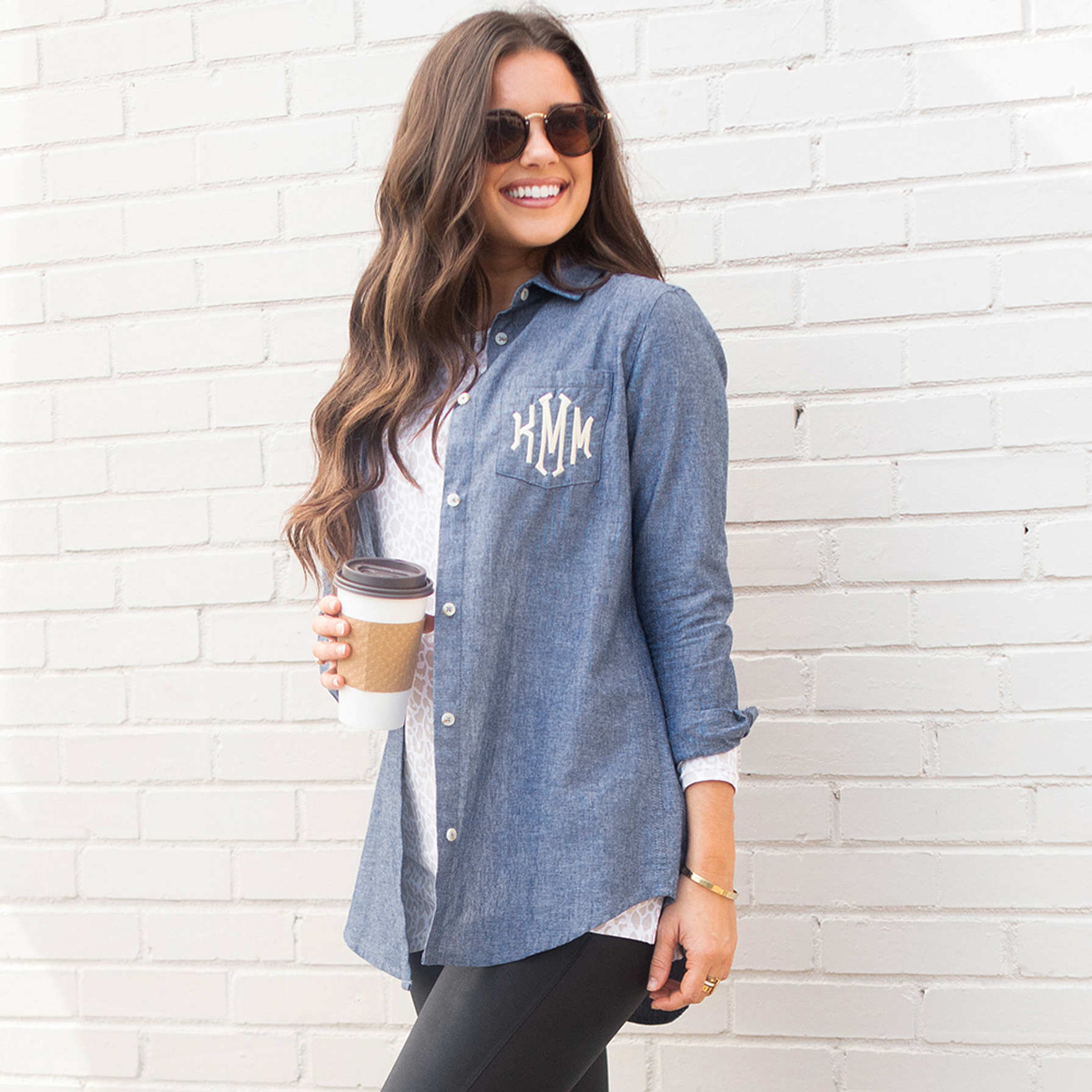 Monogrammed Button-Down Tunic Shirt