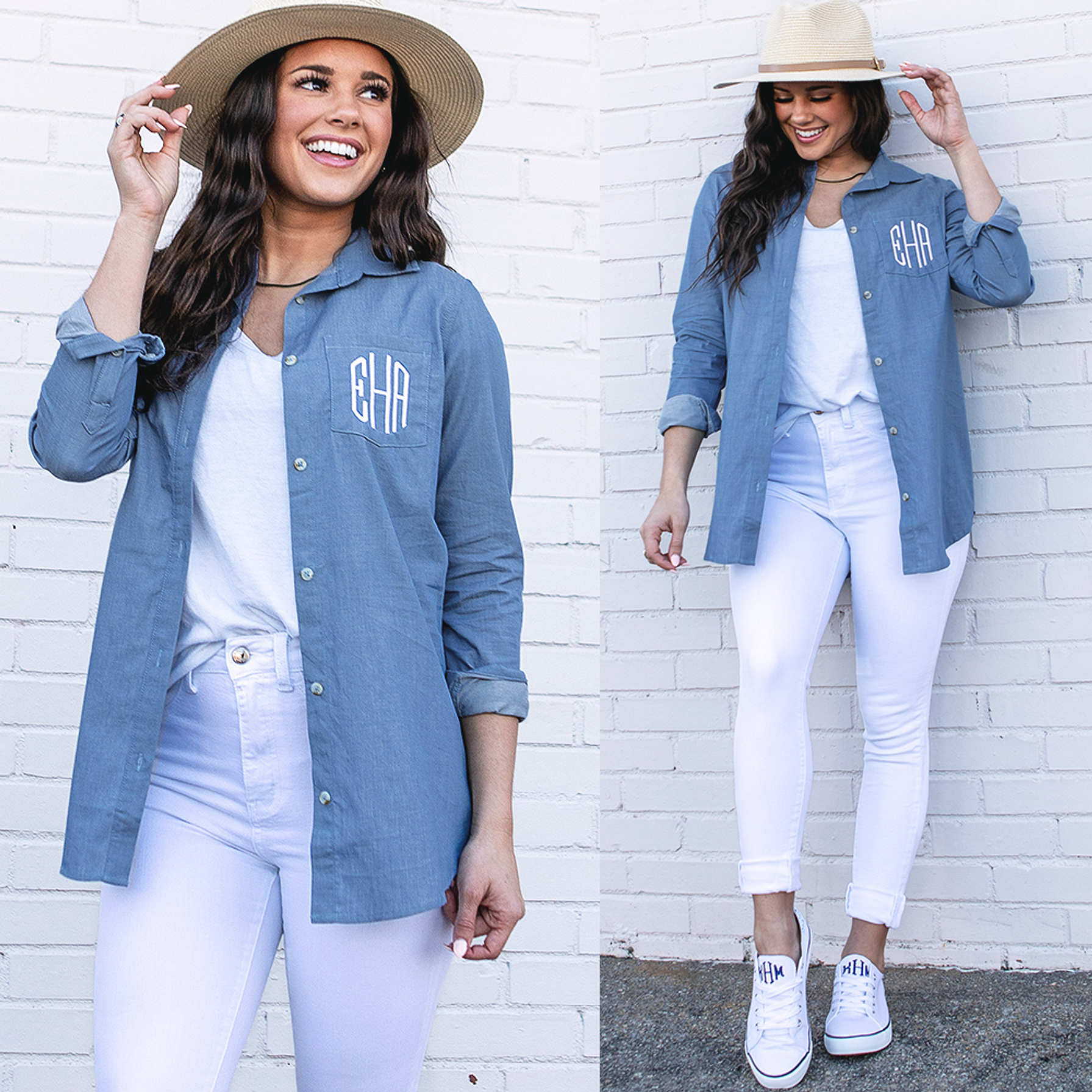 Monogrammed Button-Down Tunic Shirt