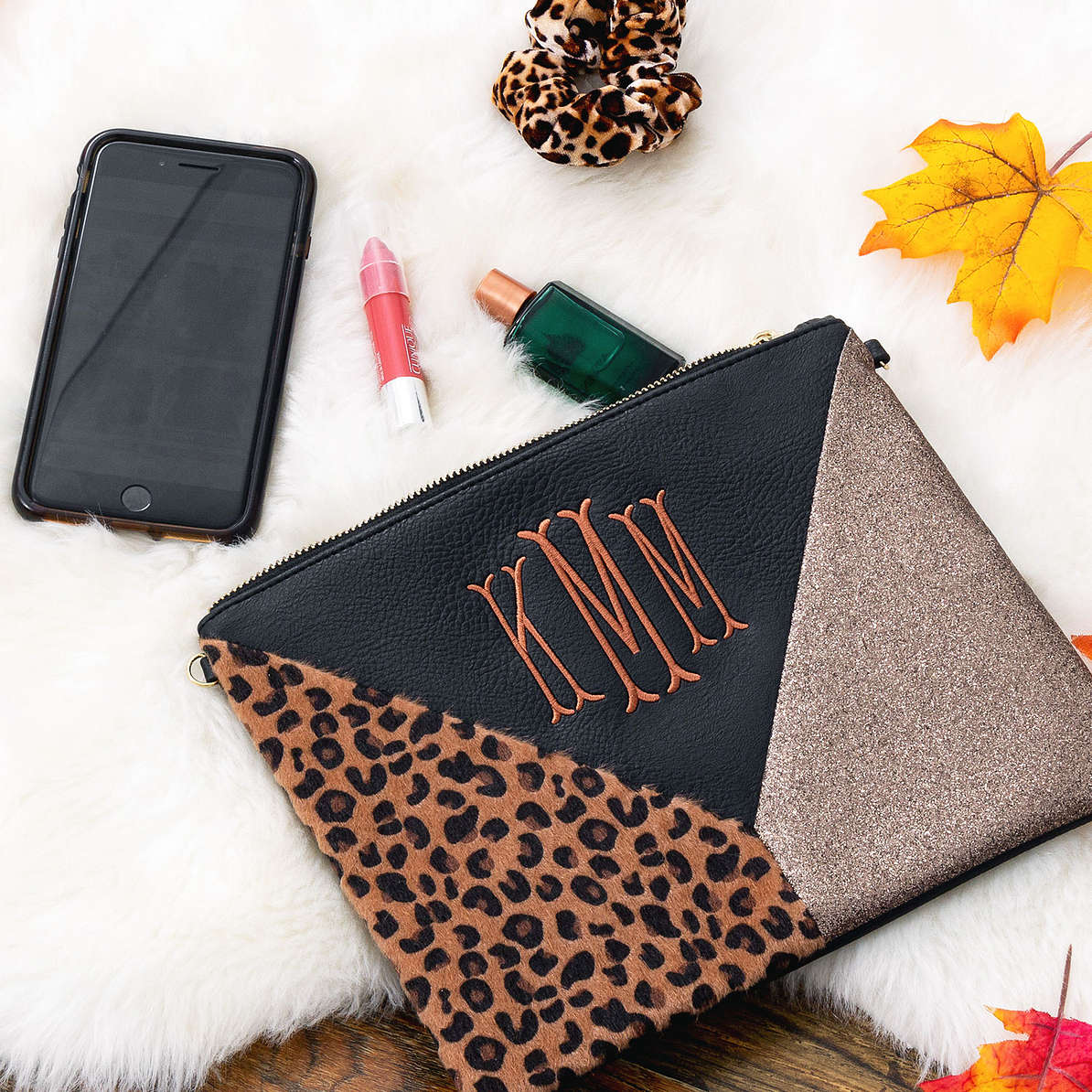Monogrammed Leopard Colorblock Clutch/Crossbody Purse