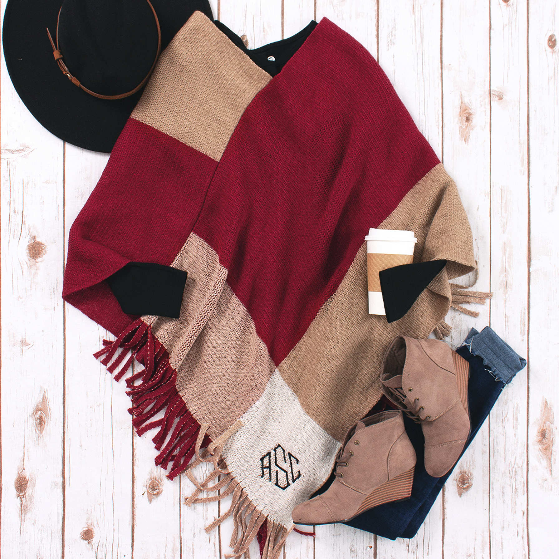 Monogrammed Colorblock Poncho w/ Fringe - Marleylilly