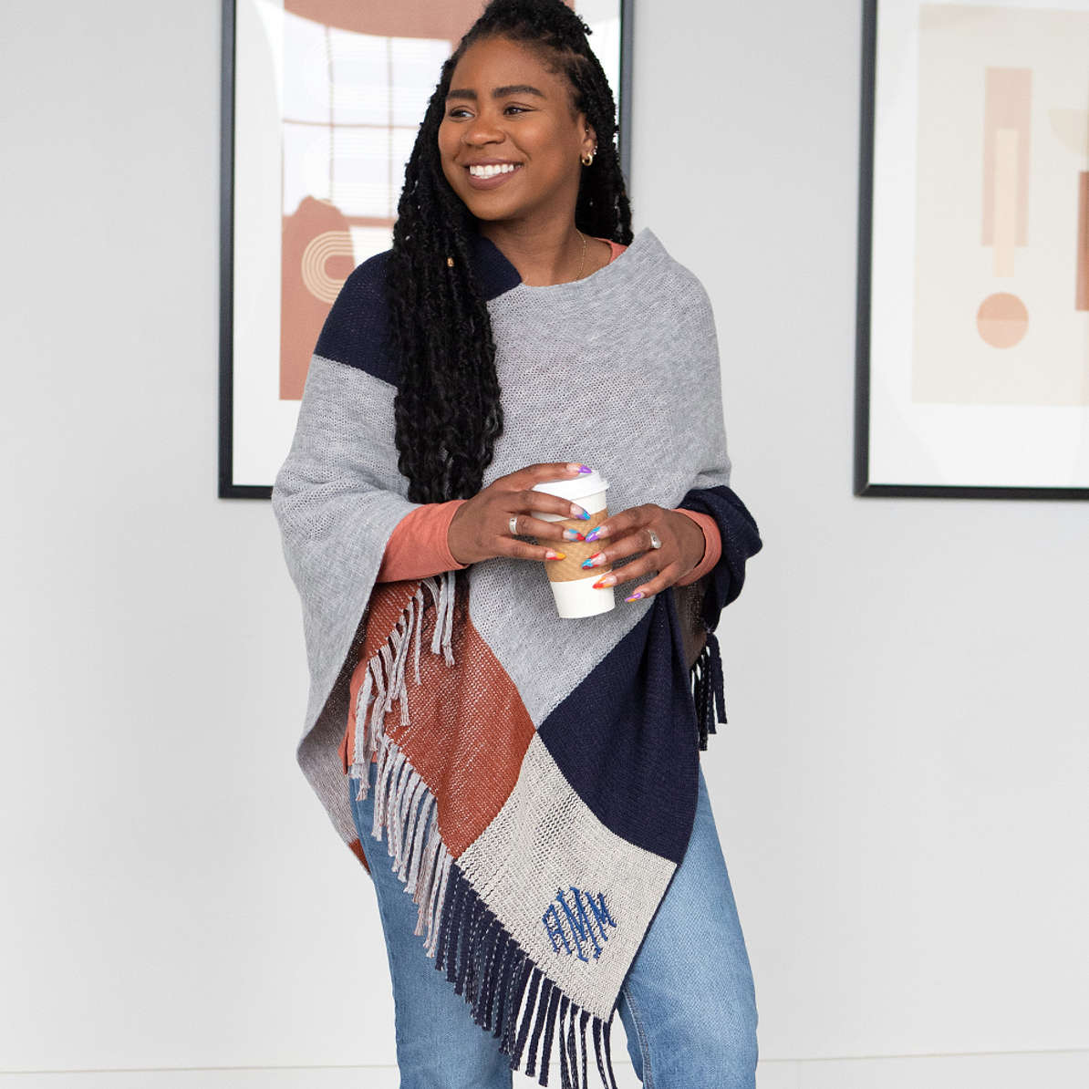 Monogrammed Colorblock Poncho w/ Fringe - Marleylilly