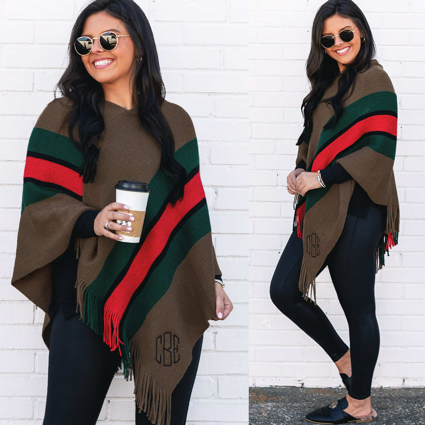 Monogrammed Black and White Striped Poncho with Fringe - Marleylilly