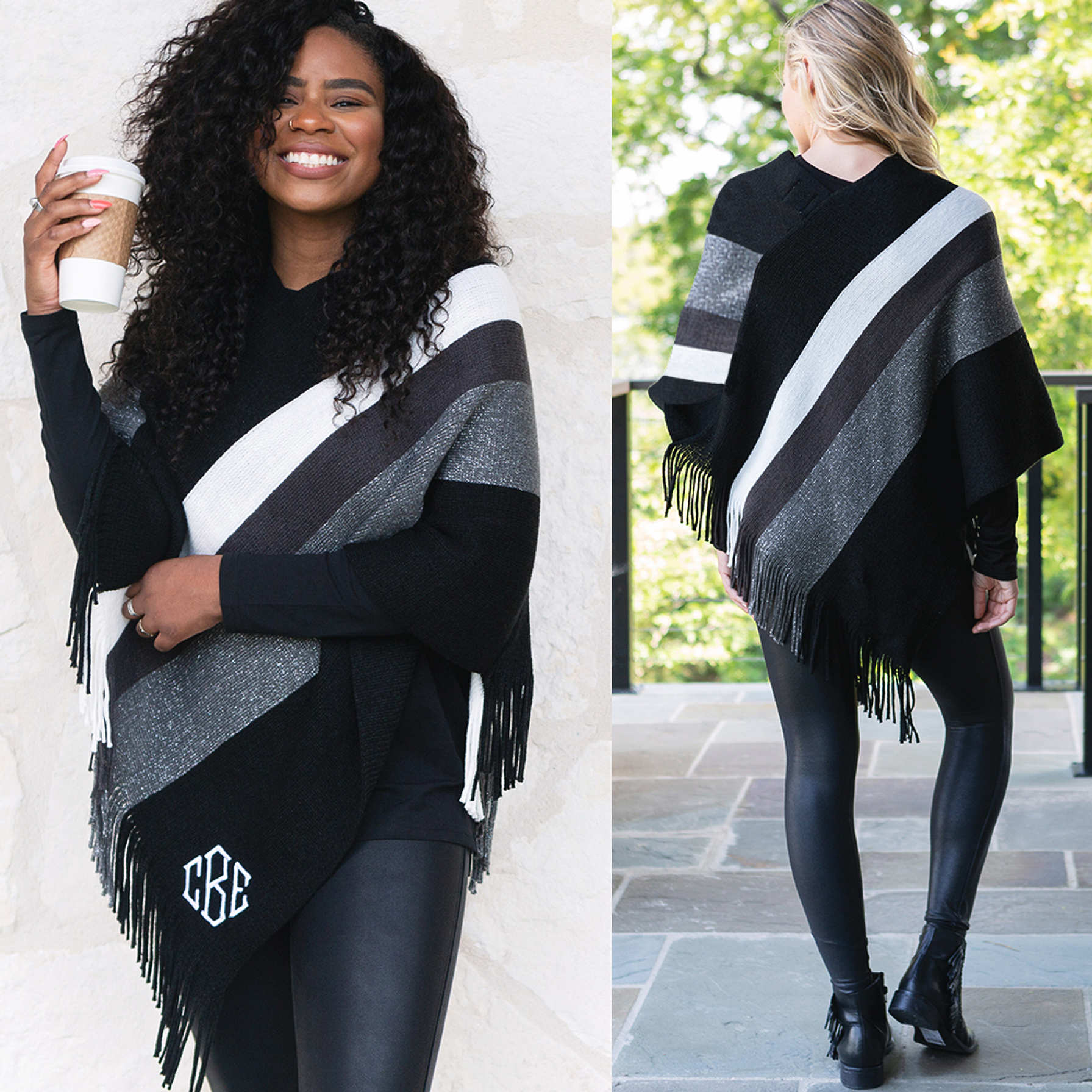 Monogrammed Black and White Striped Poncho with Fringe - Marleylilly