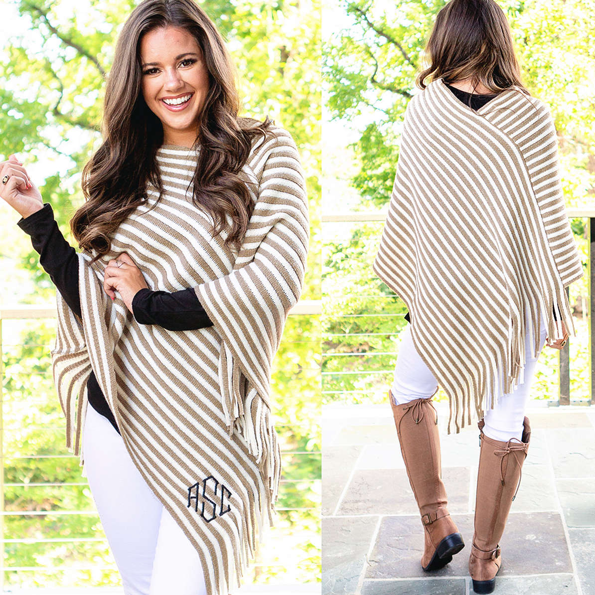 Ladies Personalized Tan Striped Poncho - Marleylilly