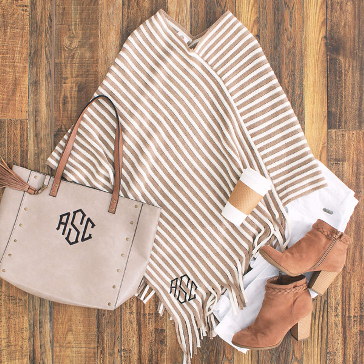 Ladies Personalized Tan Striped Poncho - Marleylilly