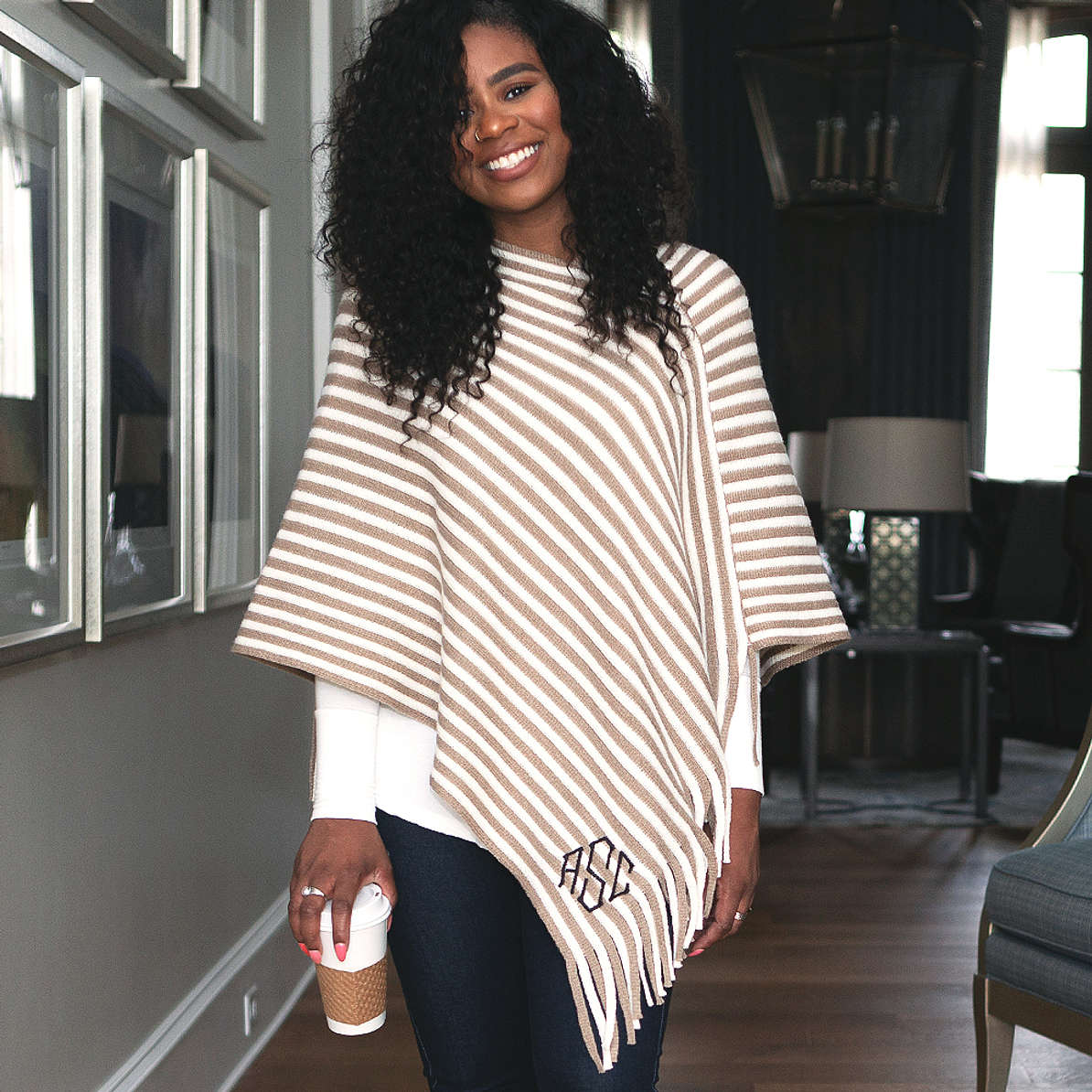 Ladies Personalized Tan Striped Poncho - Marleylilly