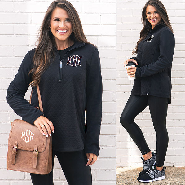 Monogrammed Quilted Fleece Pullover Black