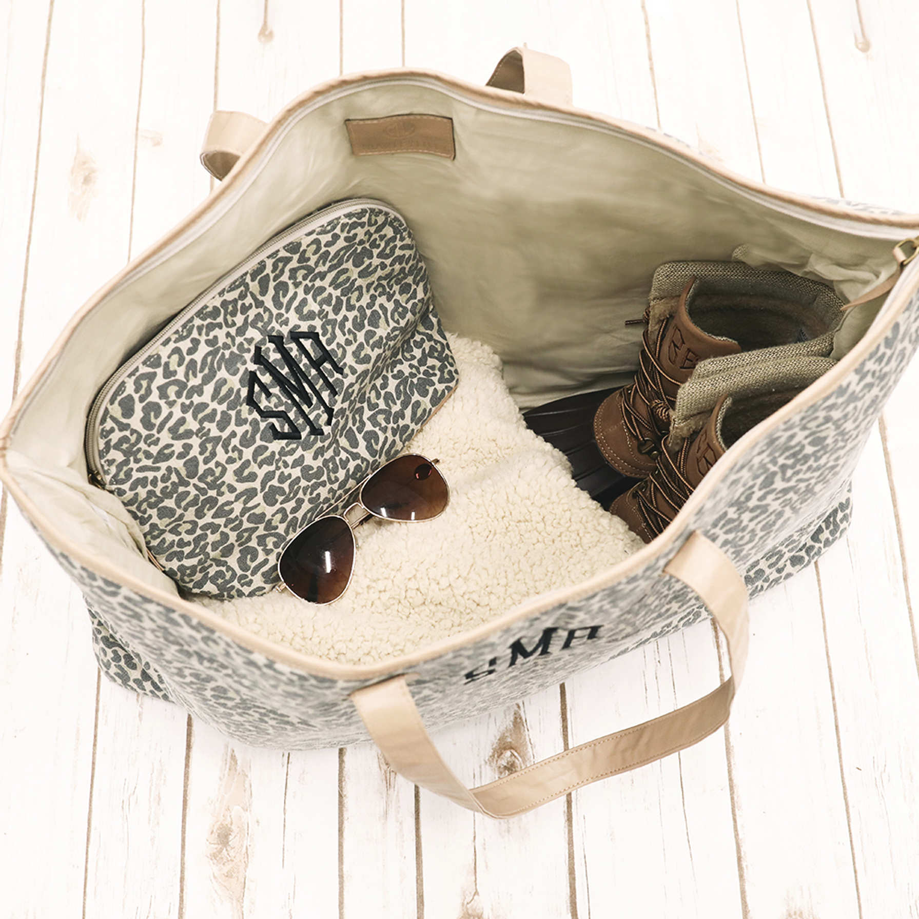 Monogrammed Rustic Leopard Print Weekender Bag