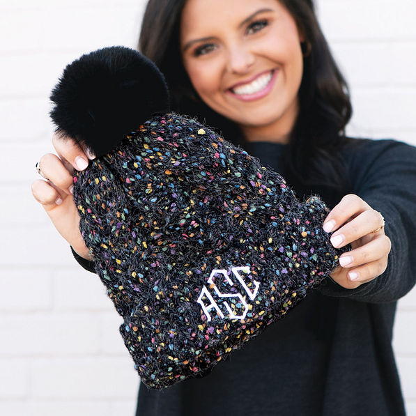 Personalized Faux Fur Pom Pom Knit Beanie