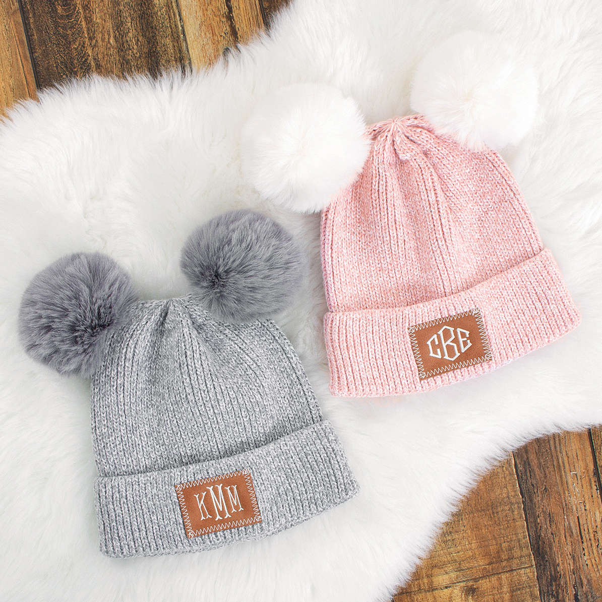 Faux Fur Pom Pom Knit Beanie - Monogram - Marleylilly