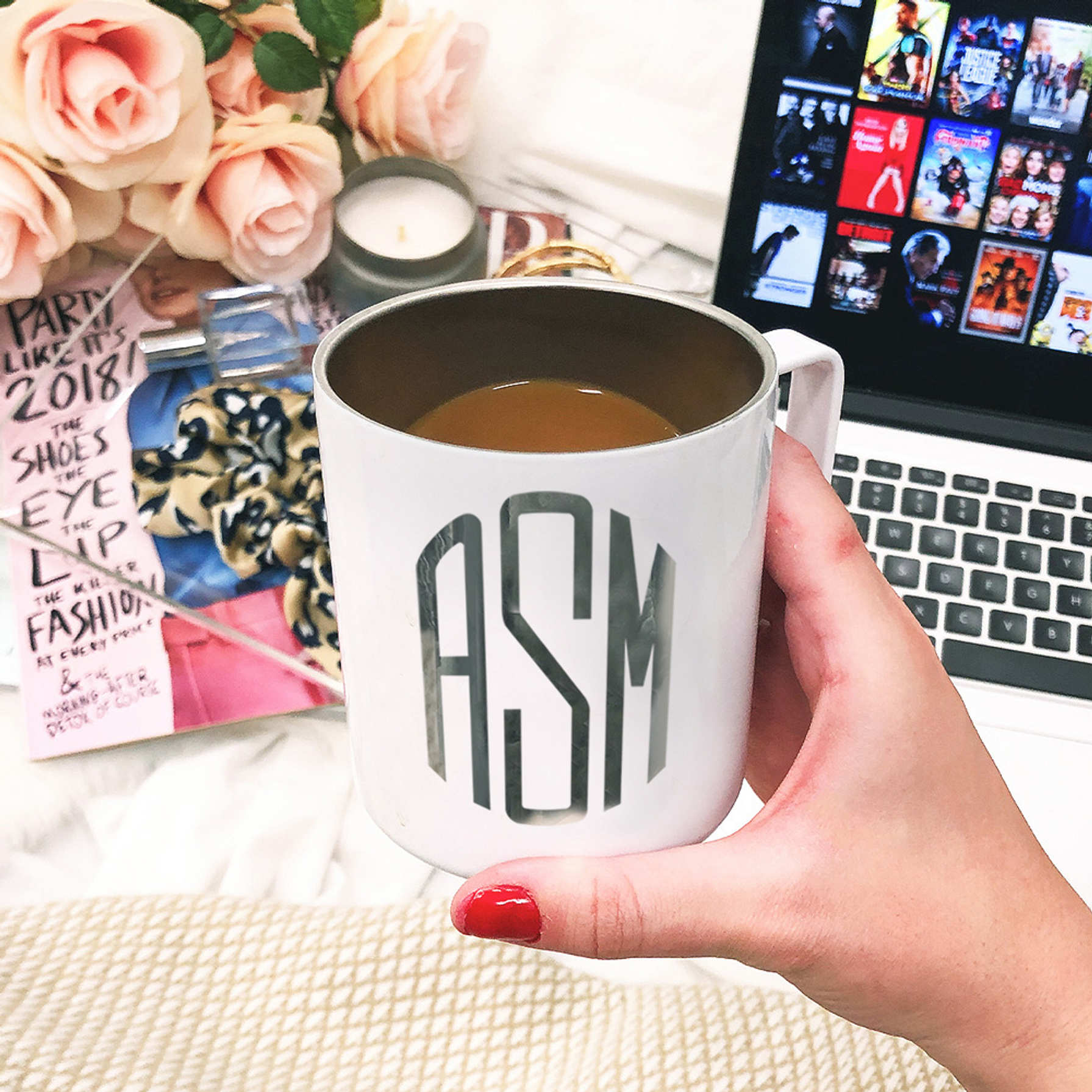 Monogrammed Insulated Coffee Mug With Lid 14 Oz