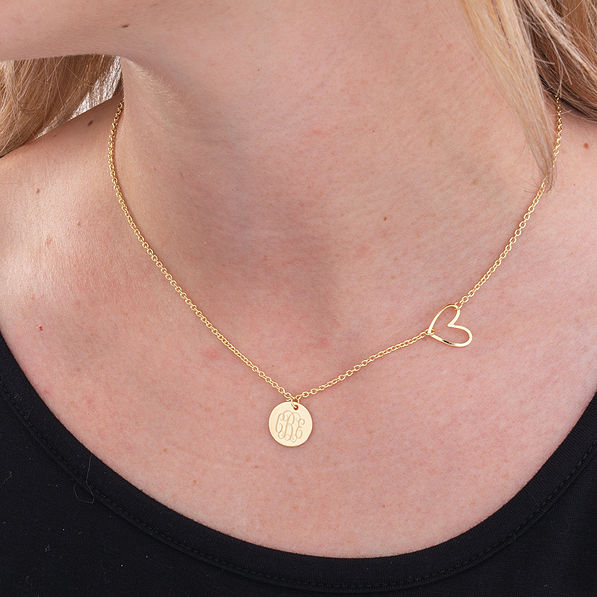 Monogrammed Sideways Heart/Disc Necklace 18”