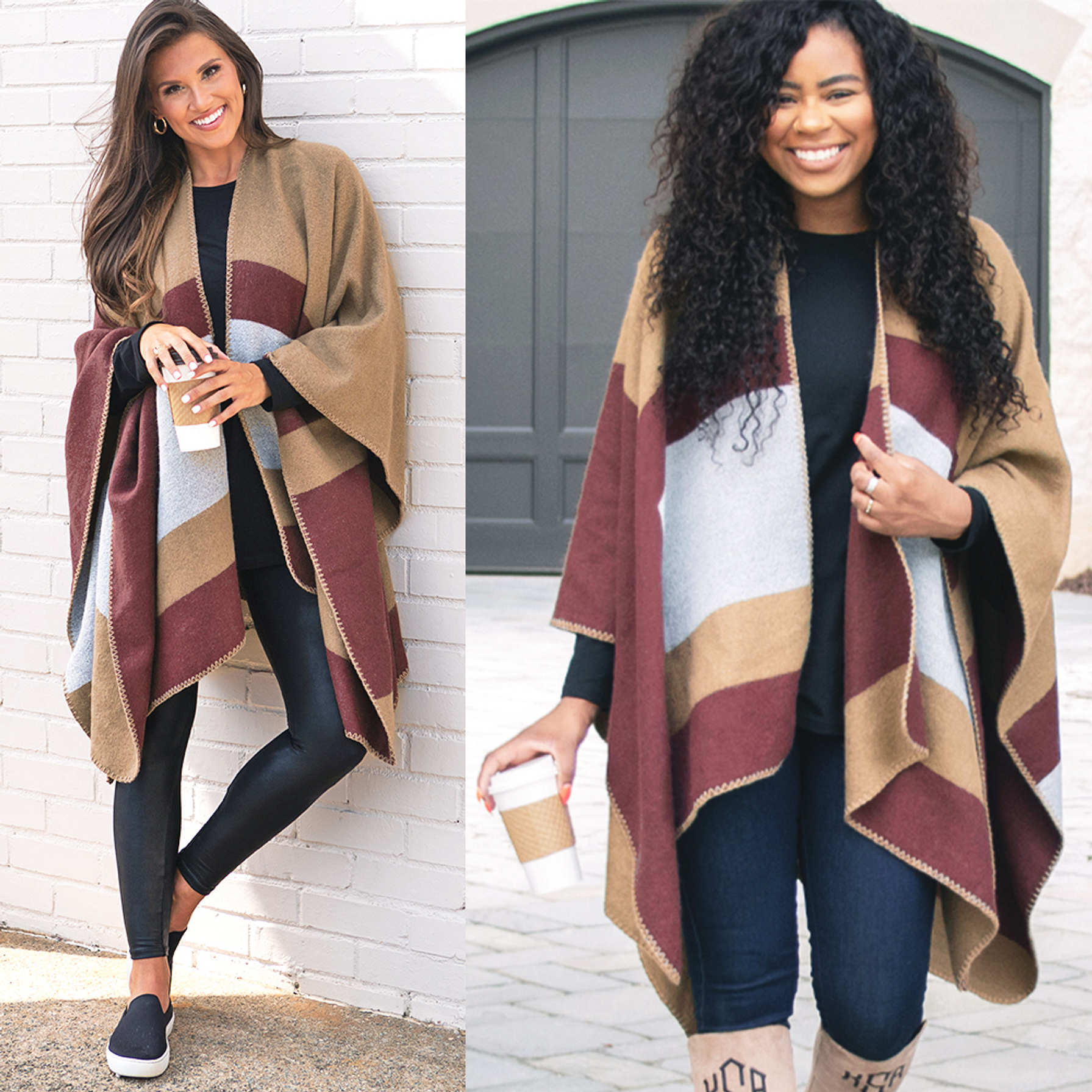 Ladies Burgundy Paneled Poncho - Marleylilly