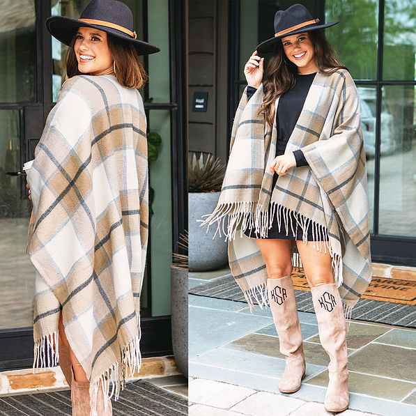 Ladies Plaid Fringe Poncho - Marleylilly