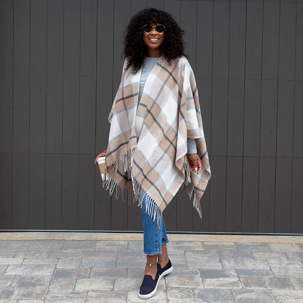 Ladies Plaid Fringe Poncho - Marleylilly