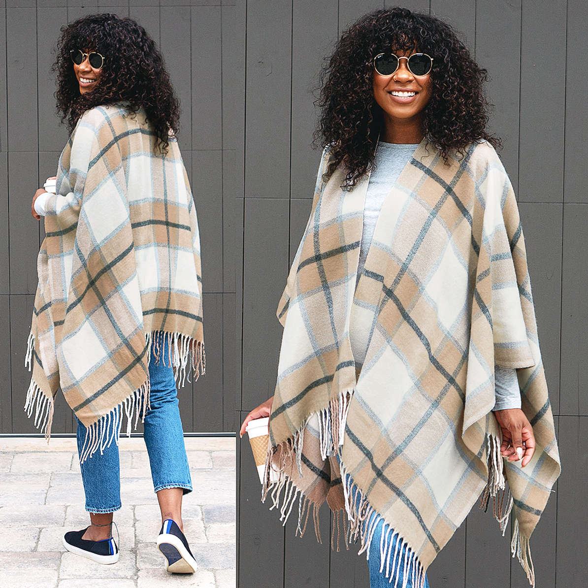 Ladies Plaid Fringe Poncho - Marleylilly