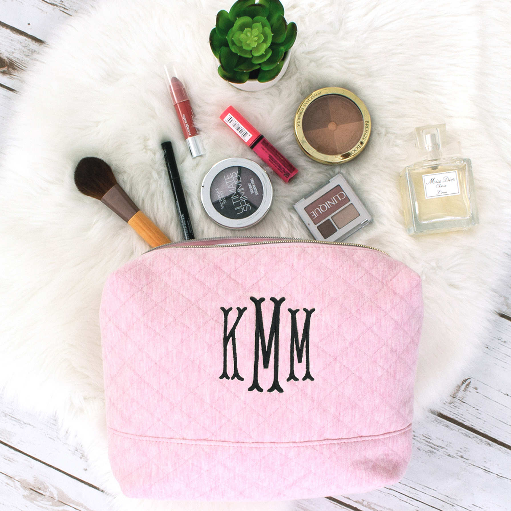 Pink and Gray Monogrammed Quilted Cosmetics Bags - Marleylilly