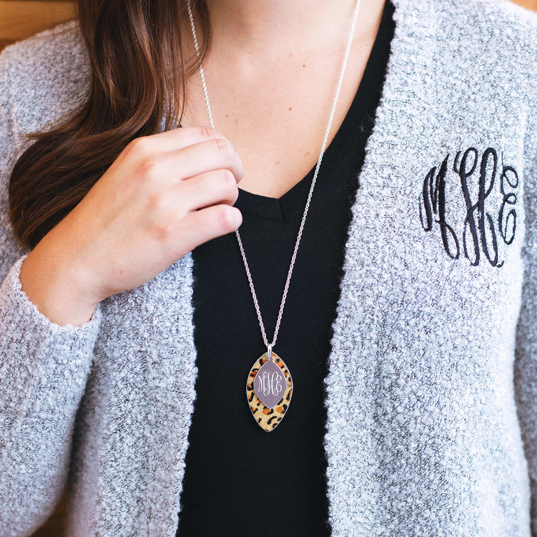 Monogrammed Leopard Leaf Pendant Necklace - Marleylilly